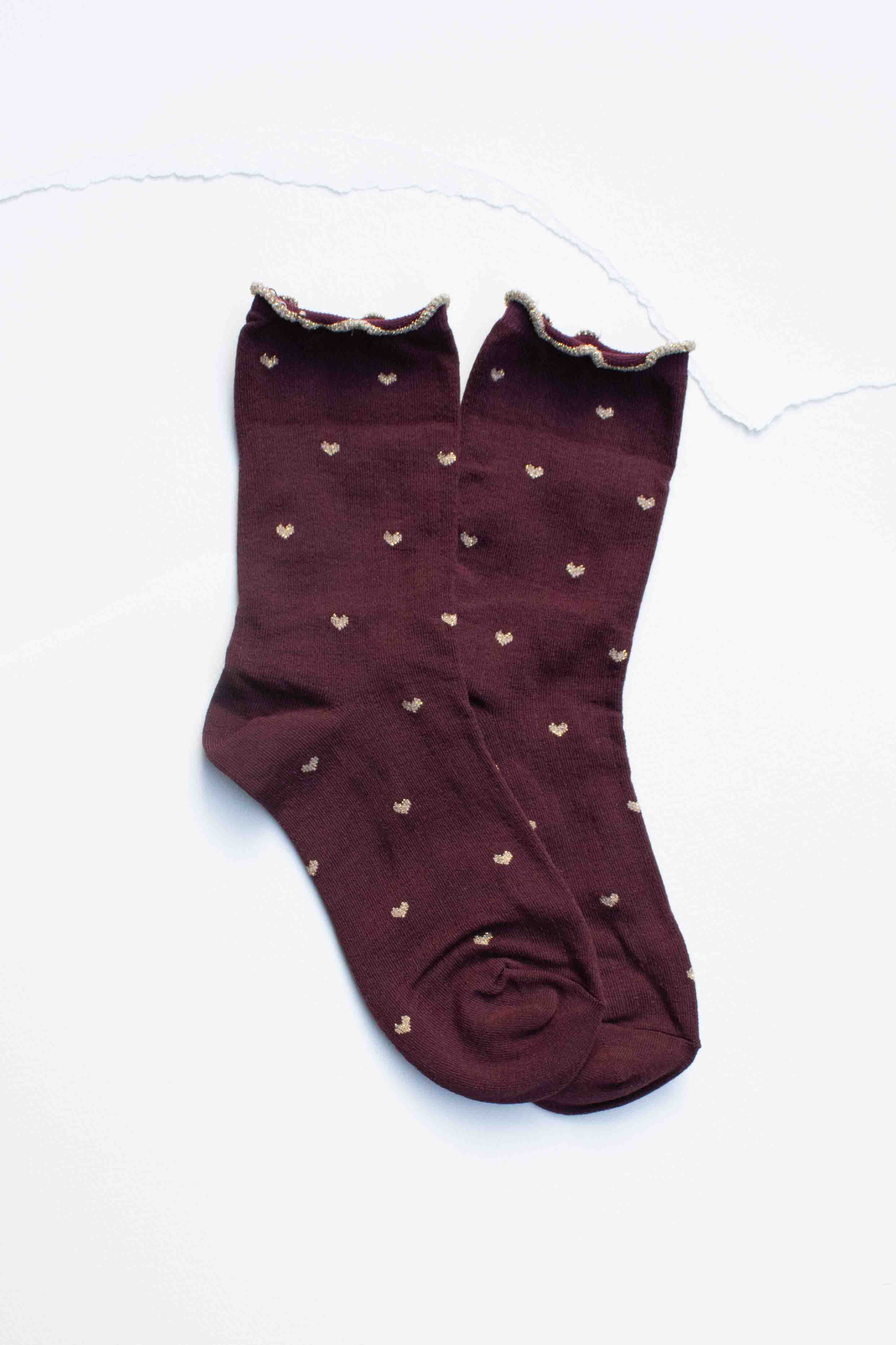Mini Heart Ruffle Cotton Blend Socks: Wine/Gold – Small Batch